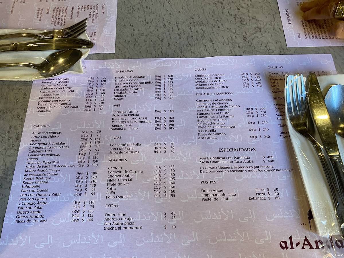 Carta del restaurante Al Andalus, Ciudad del México, Mesones 171 Nueva ...