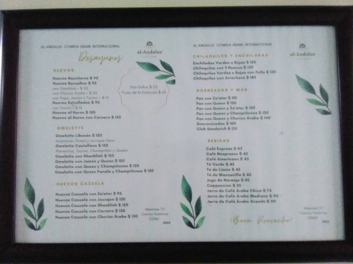 Carta del restaurante Al Andalus, Ciudad del México, Mesones 171 Nueva ...