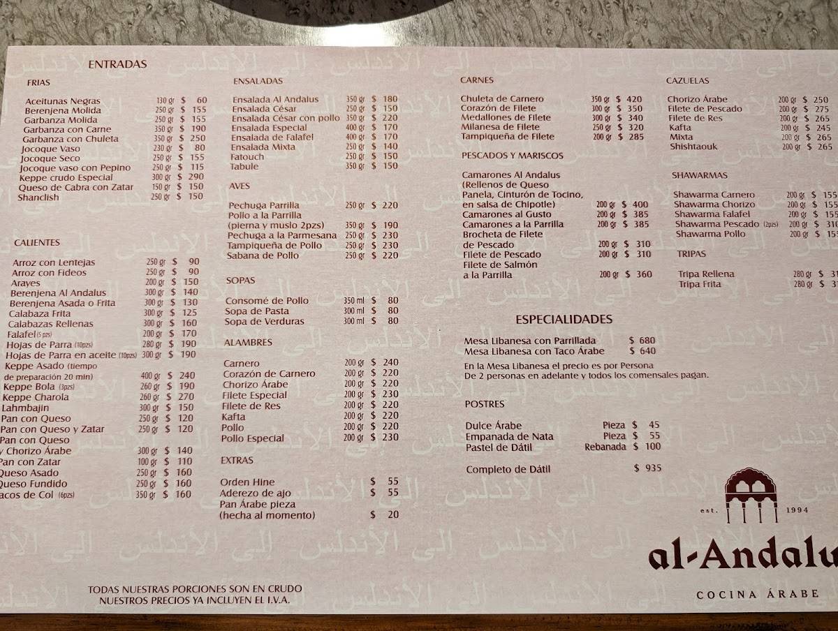 Carta del restaurante Al Andalus, Ciudad del México, Mesones 171 Nueva ...