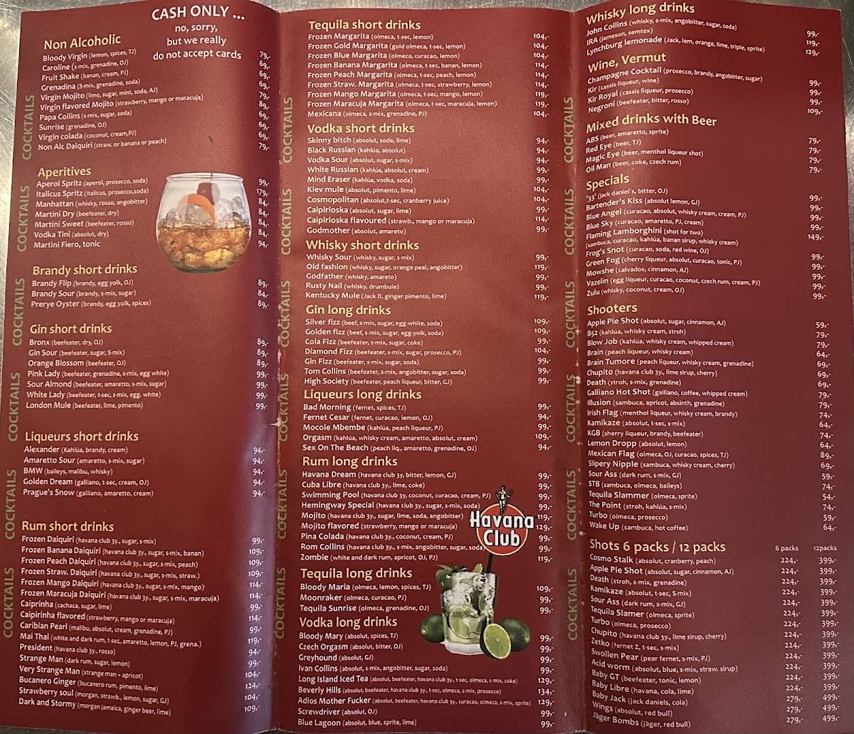 Menu at Al Capone’s The Cocktail Bar, Prague