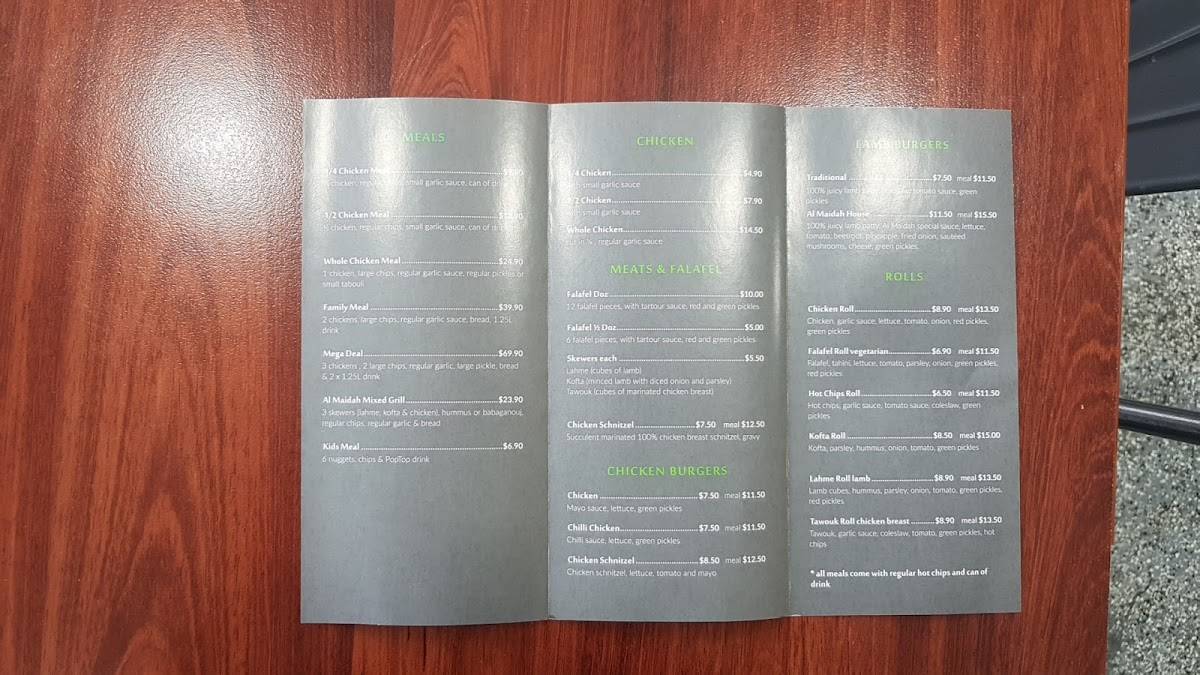 Menu at Al Maidah Charcoal Chicken and Lebanese Cuisine restaurant, Wollert