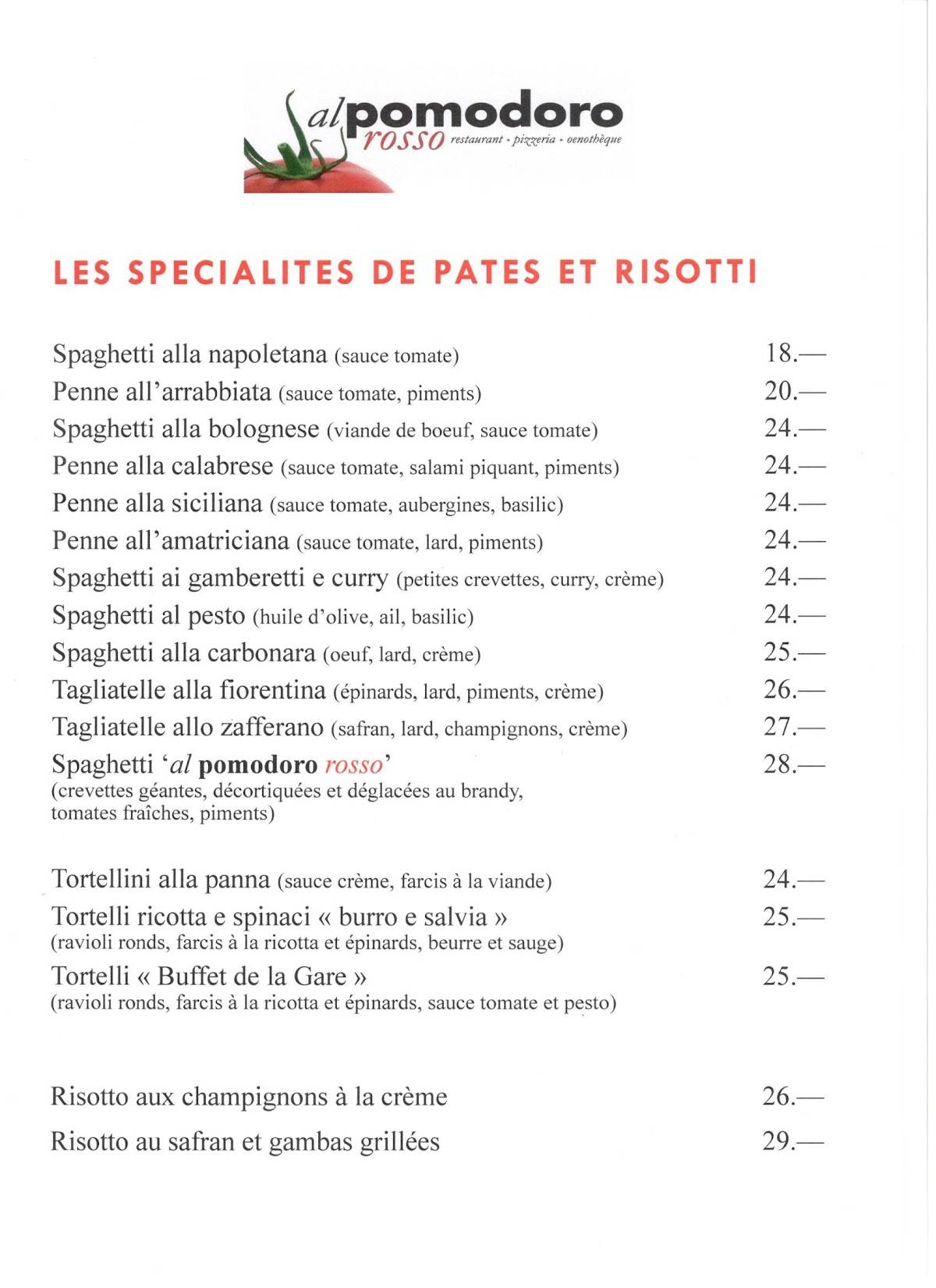 Menu au Al Pomodoro Rosso, Blonay, Rte du Village 31