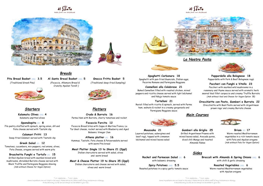 Menu at Al Santo restaurant, London, 23 Vanston Pl