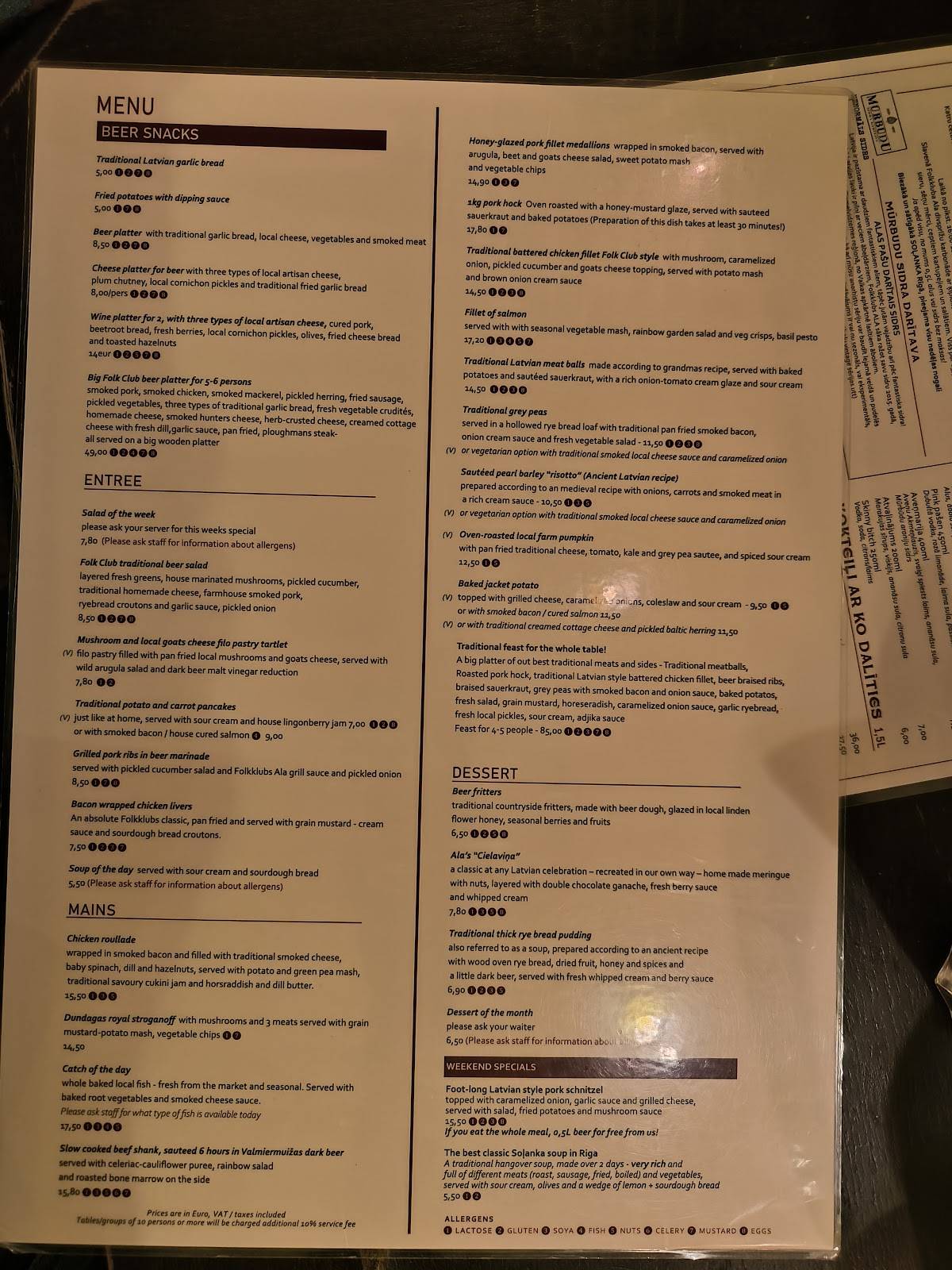 Menu at Ala Pagrabs pub & bar, Riga