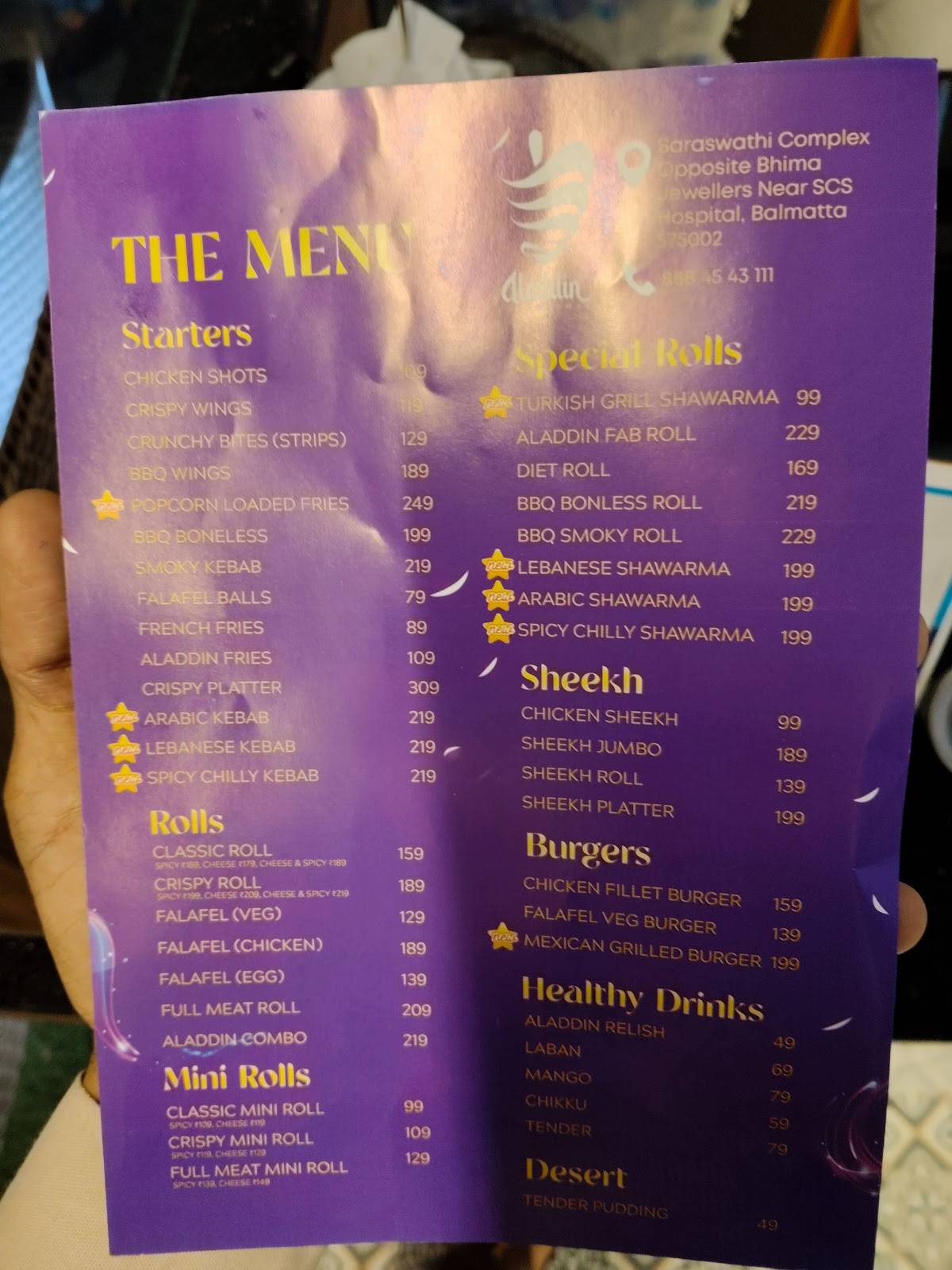 Menu at Aladdin Shawarma, Mangaluru, Saraswathi Complex