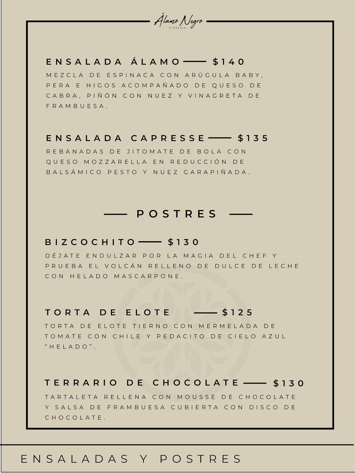 Carta de Alamo Negro Pizzería, Cholula