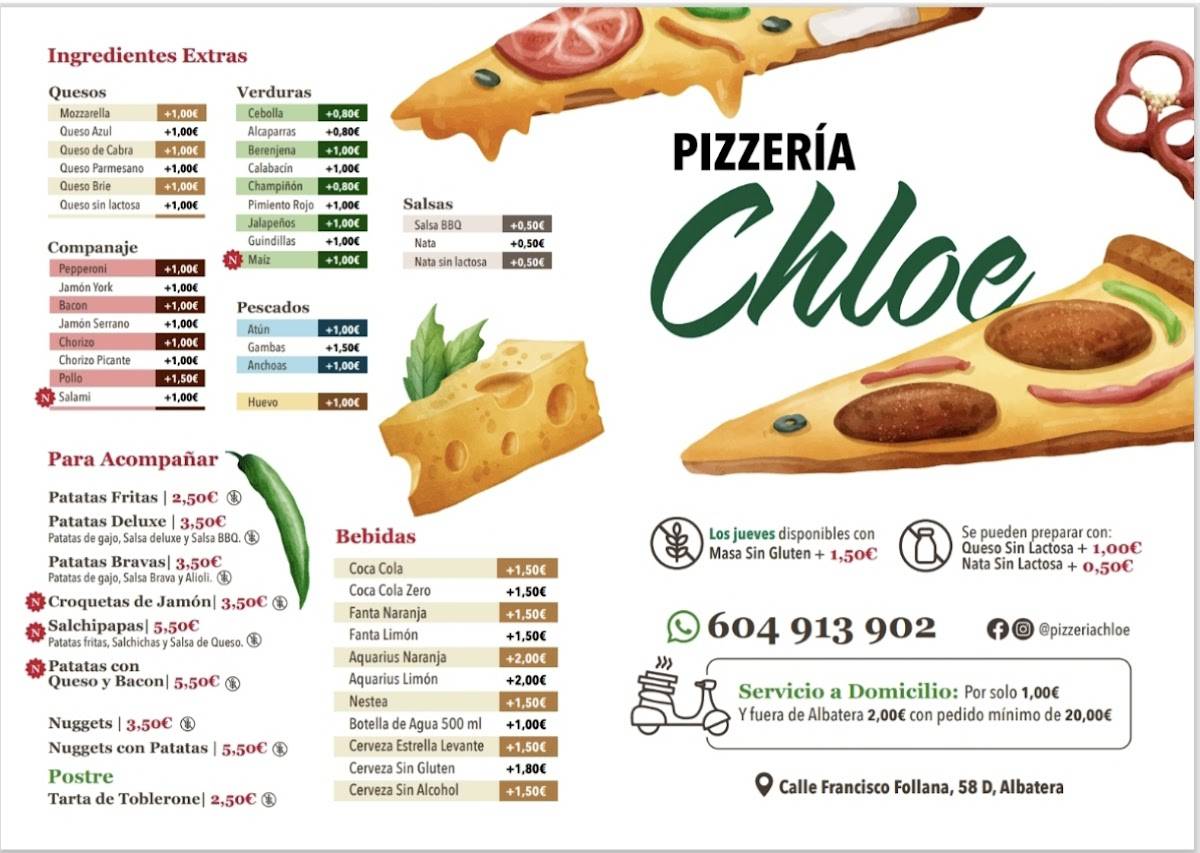 Carta de Pizzería Chloe, Albatera