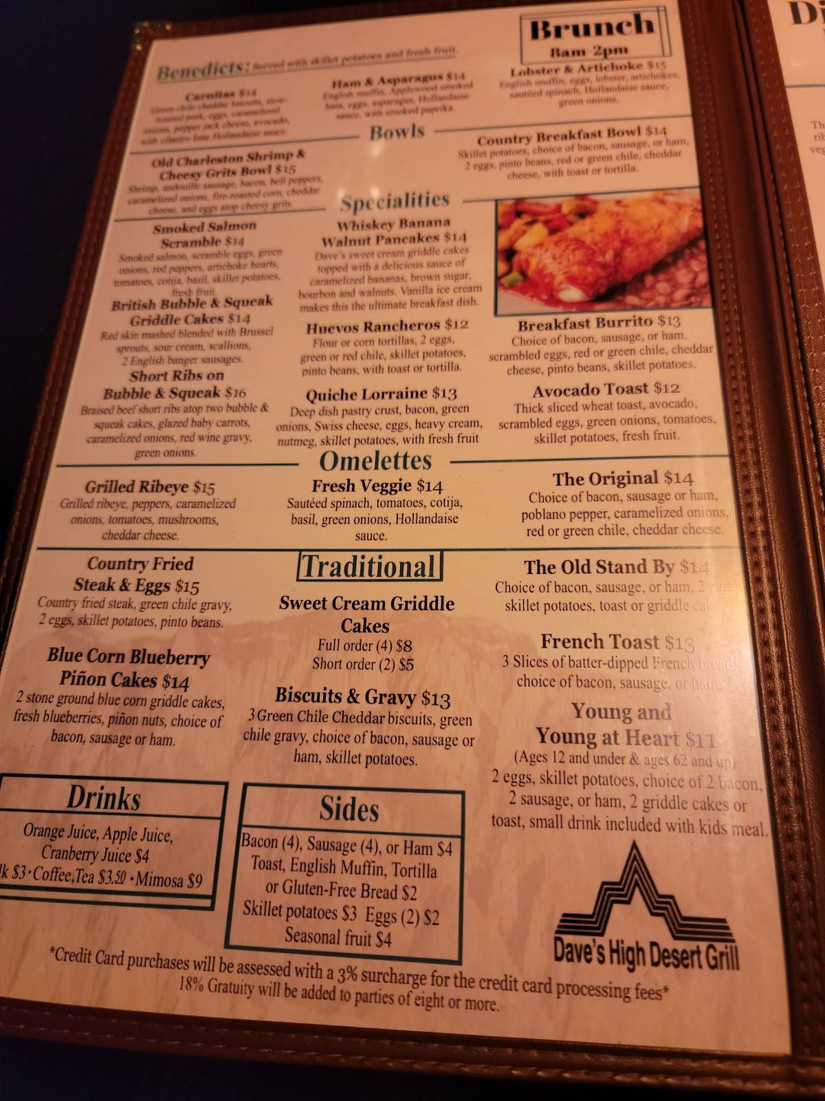 Menu at Dave's High Desert Grill restaurant, Albuquerque