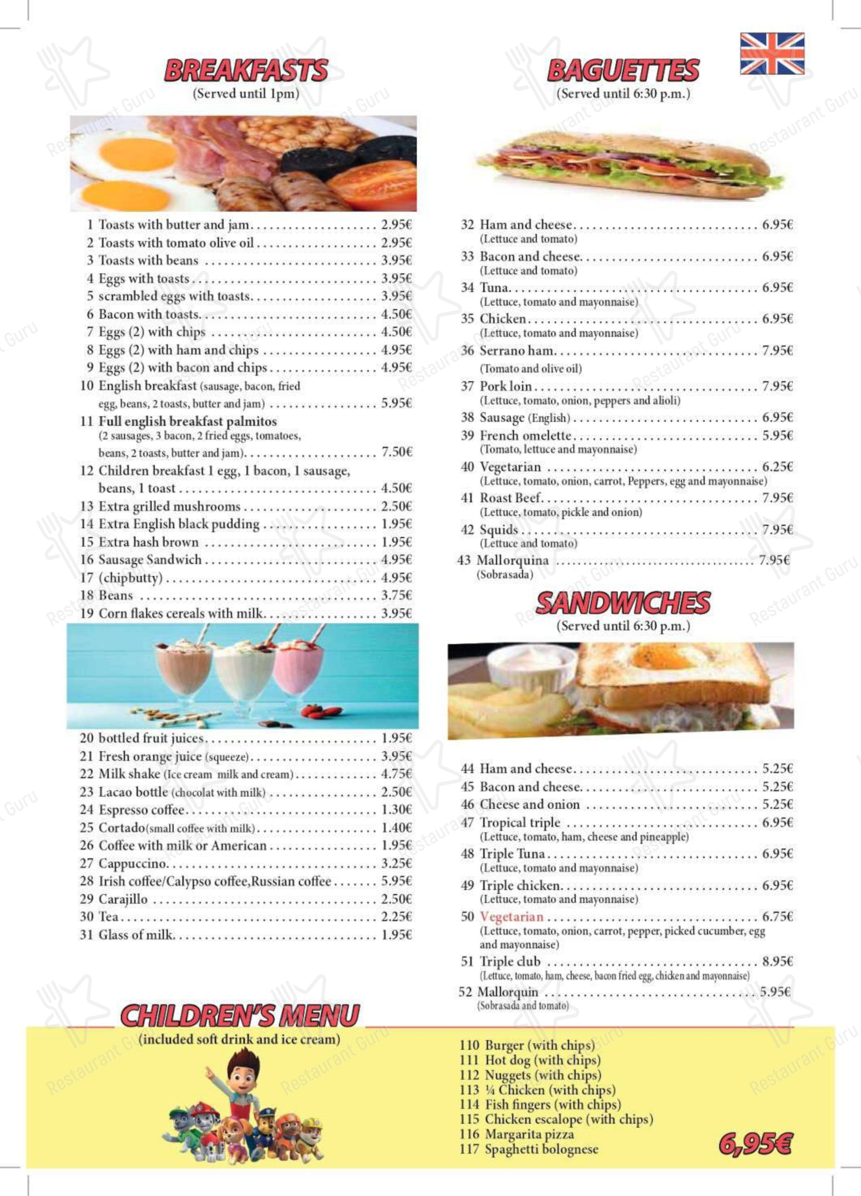 Menu at Cafeteria Los Palmitos, Port d'Alcúdia