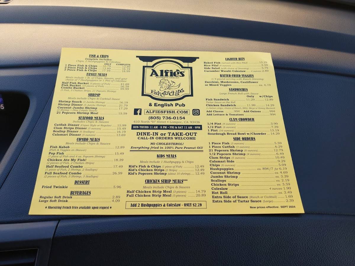 Menu at Alfie's Fish & Chips restaurant, Lompoc