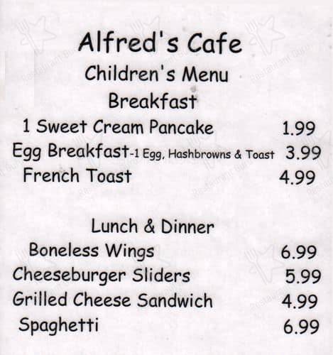 Menu at Alfred's Cafe, Tacoma