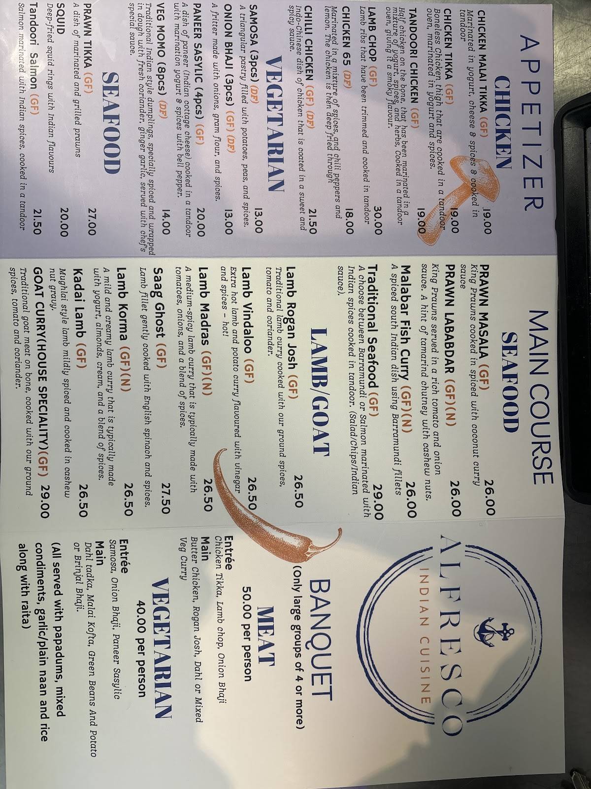 Menu at Alfresco Indian Cuisine restaurant, Mandurah