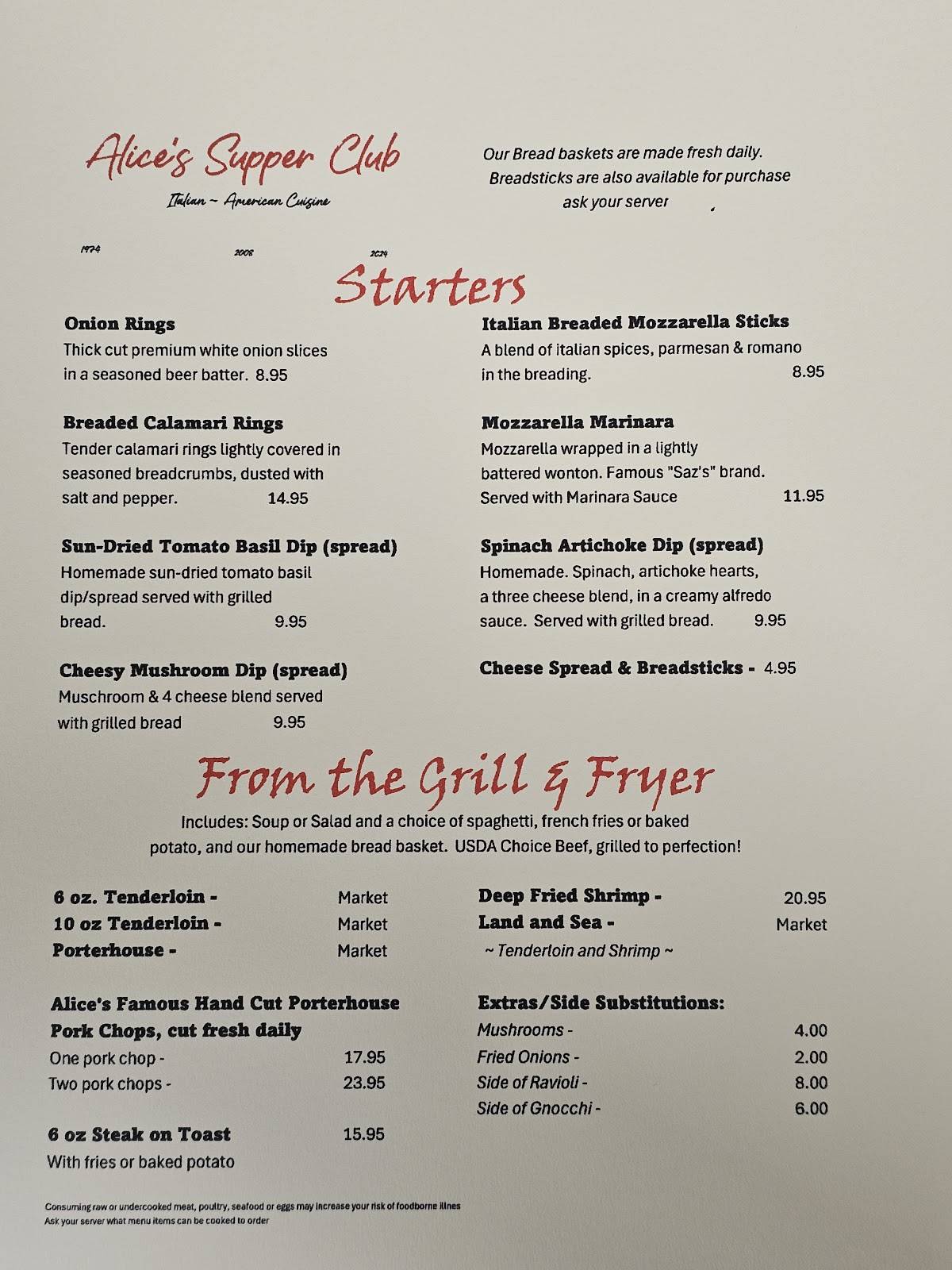 Menu at Alice's Supper Club, Iron River