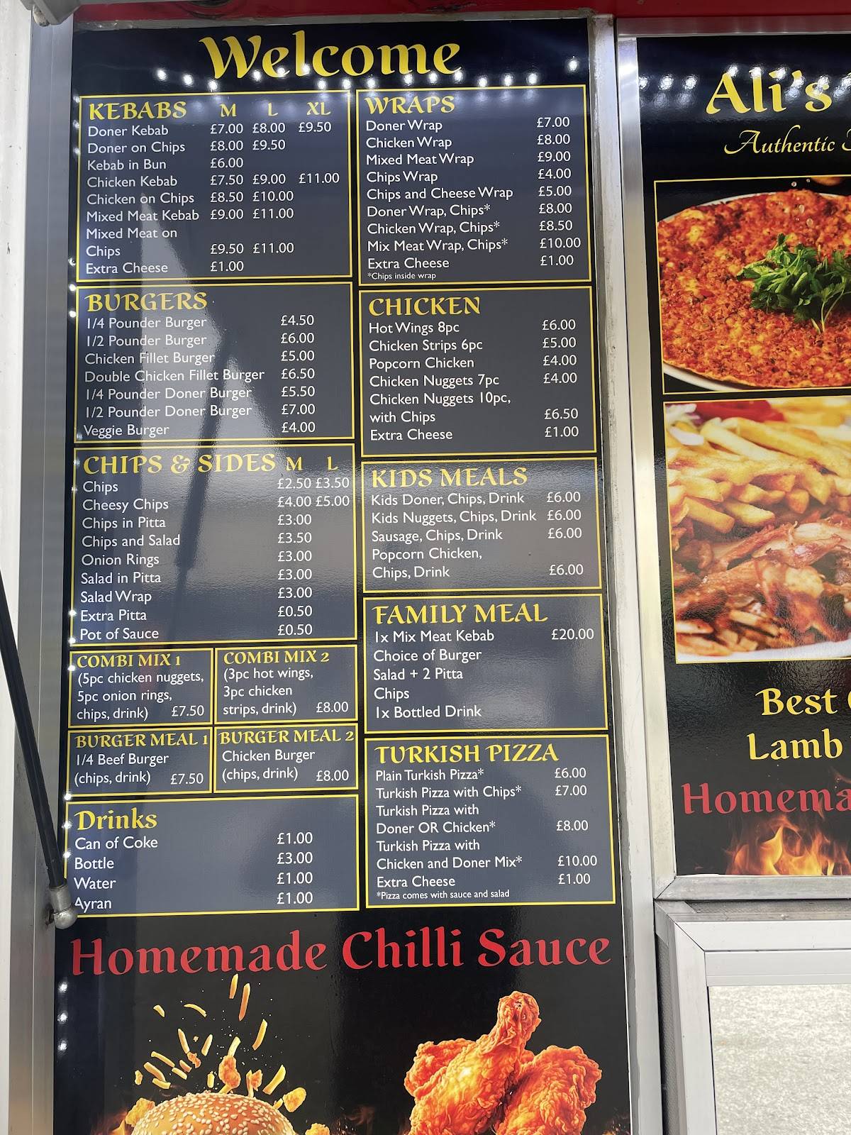 Menu at Ali's Kebab, Swindon