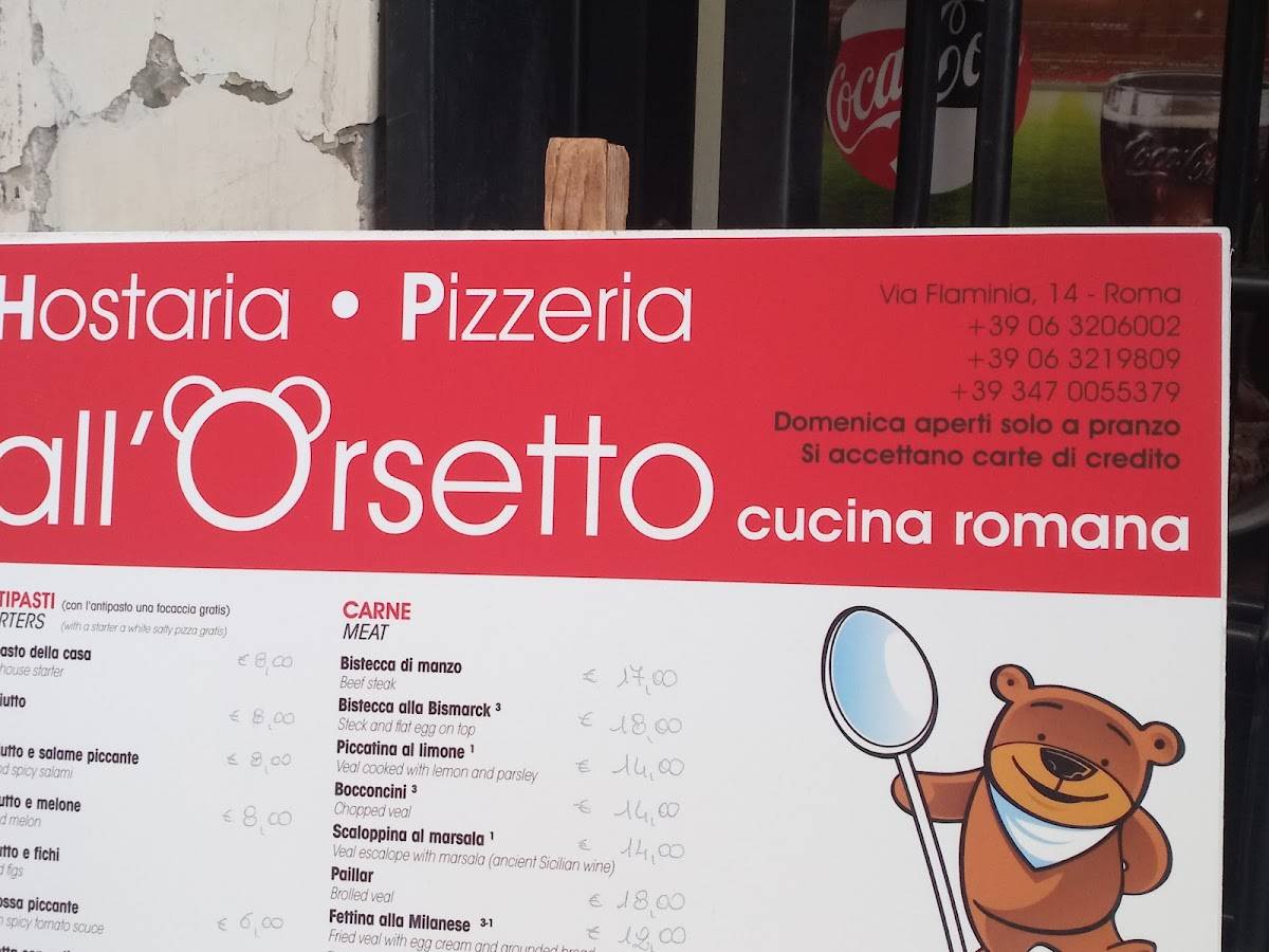 Carta del restaurante All'Orsetto, Roma