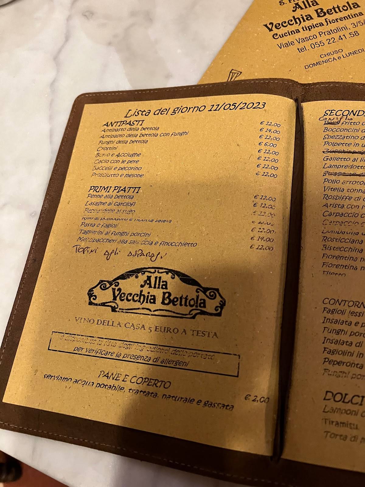 Menu at Alla Vecchia Bettola restaurant, Florence