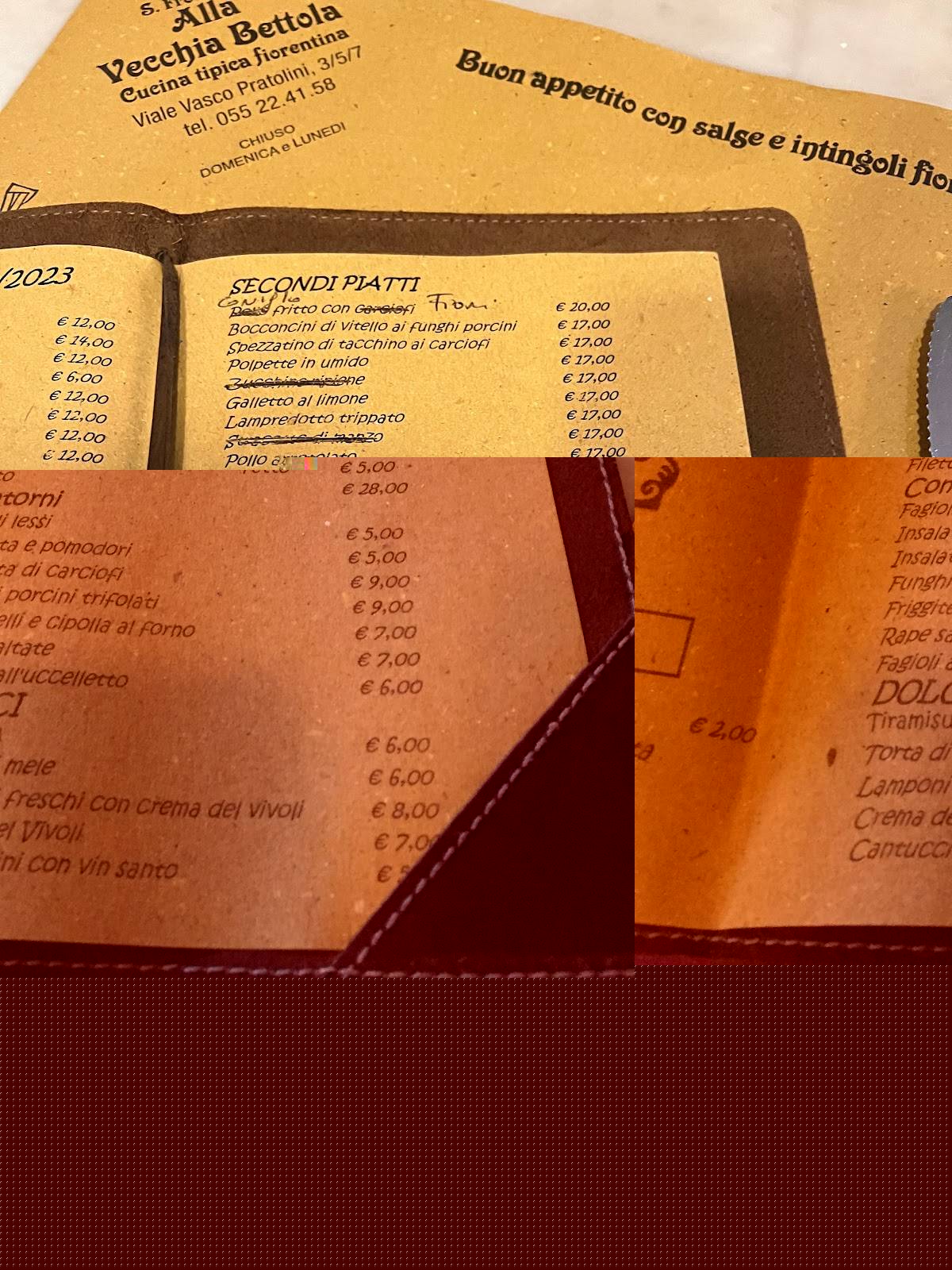 Menu at Alla Vecchia Bettola restaurant, Florence