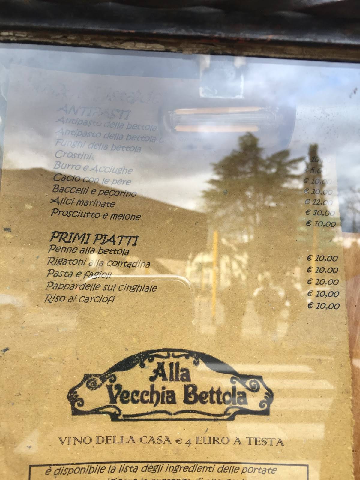 Menu at Alla Vecchia Bettola restaurant, Florence