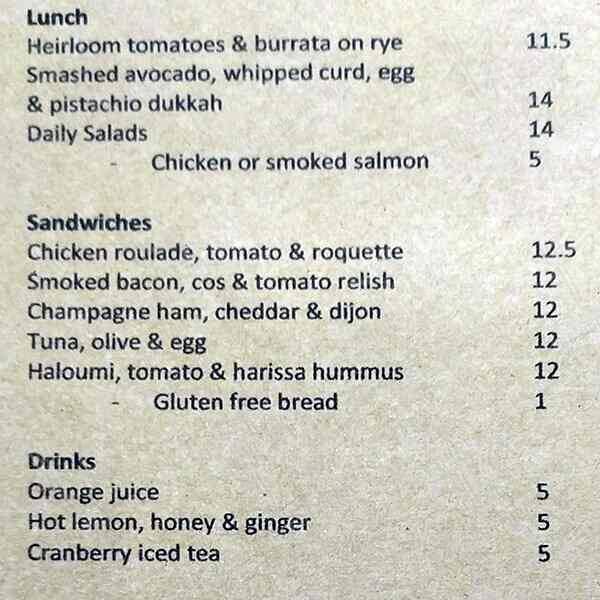 Menu at Allpress Espresso cafe, Collingwood