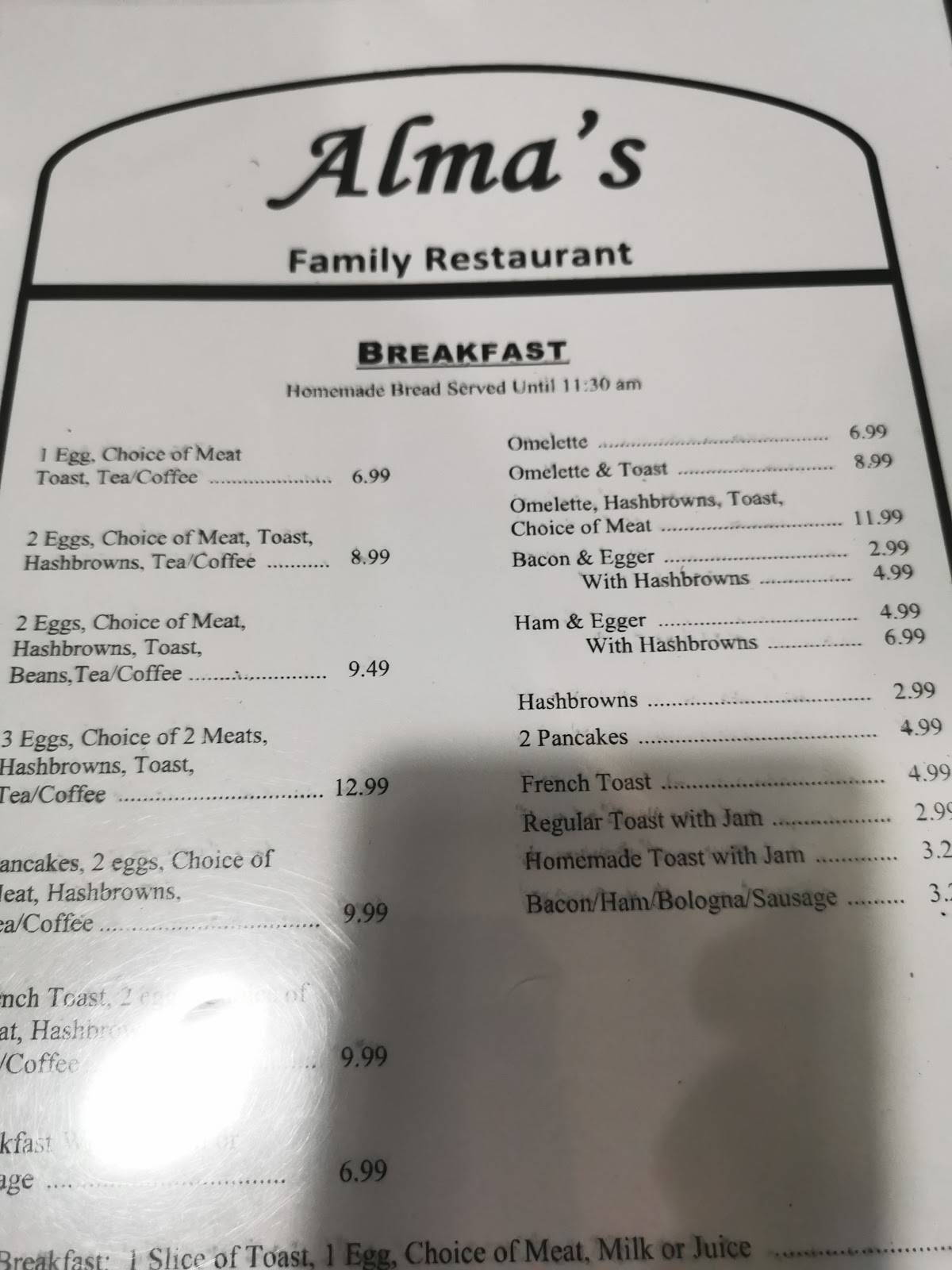 Menu at Alma's Family Restaurant, Channel-Port aux Basques
