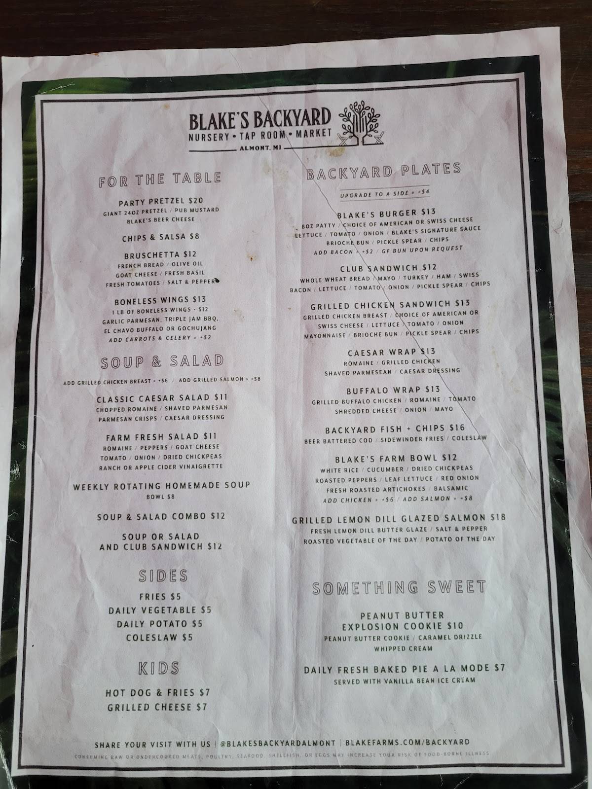 Menu at Blake's Backyard restaurant, Almont