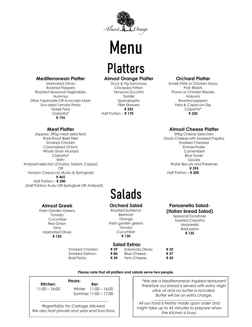 Menu at Almost Orange - Tapas Restaurant, Hartbeespoort, R513