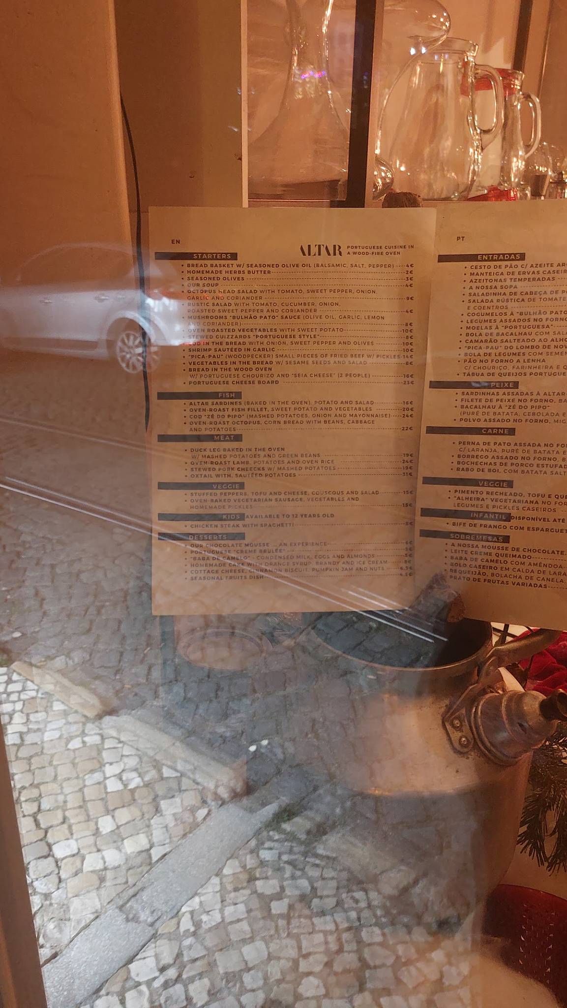 Menu at Altar restaurant, Lisbon