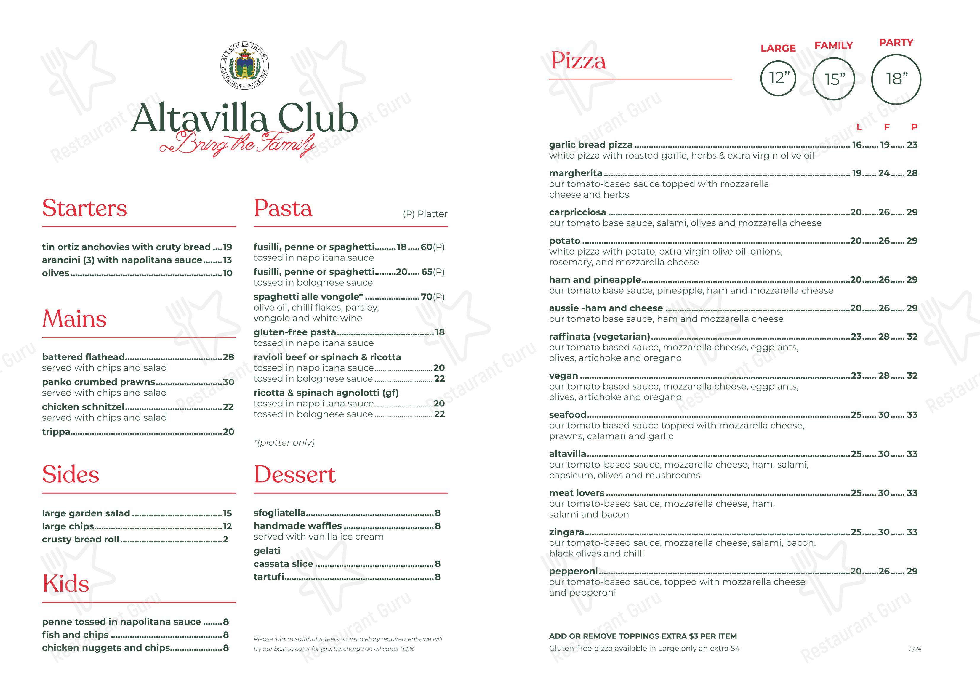 Menu at Altavilla Irpina Sports and Social Club, Beulah Park