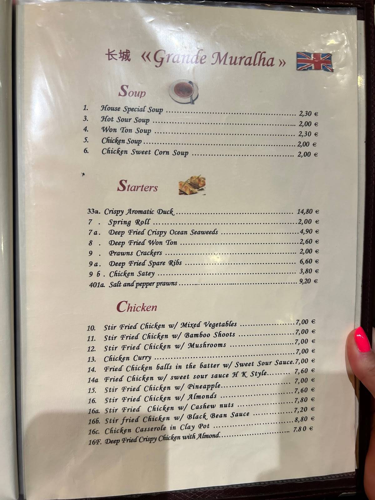 Menu at A Grande Muralha restaurant, Alvor