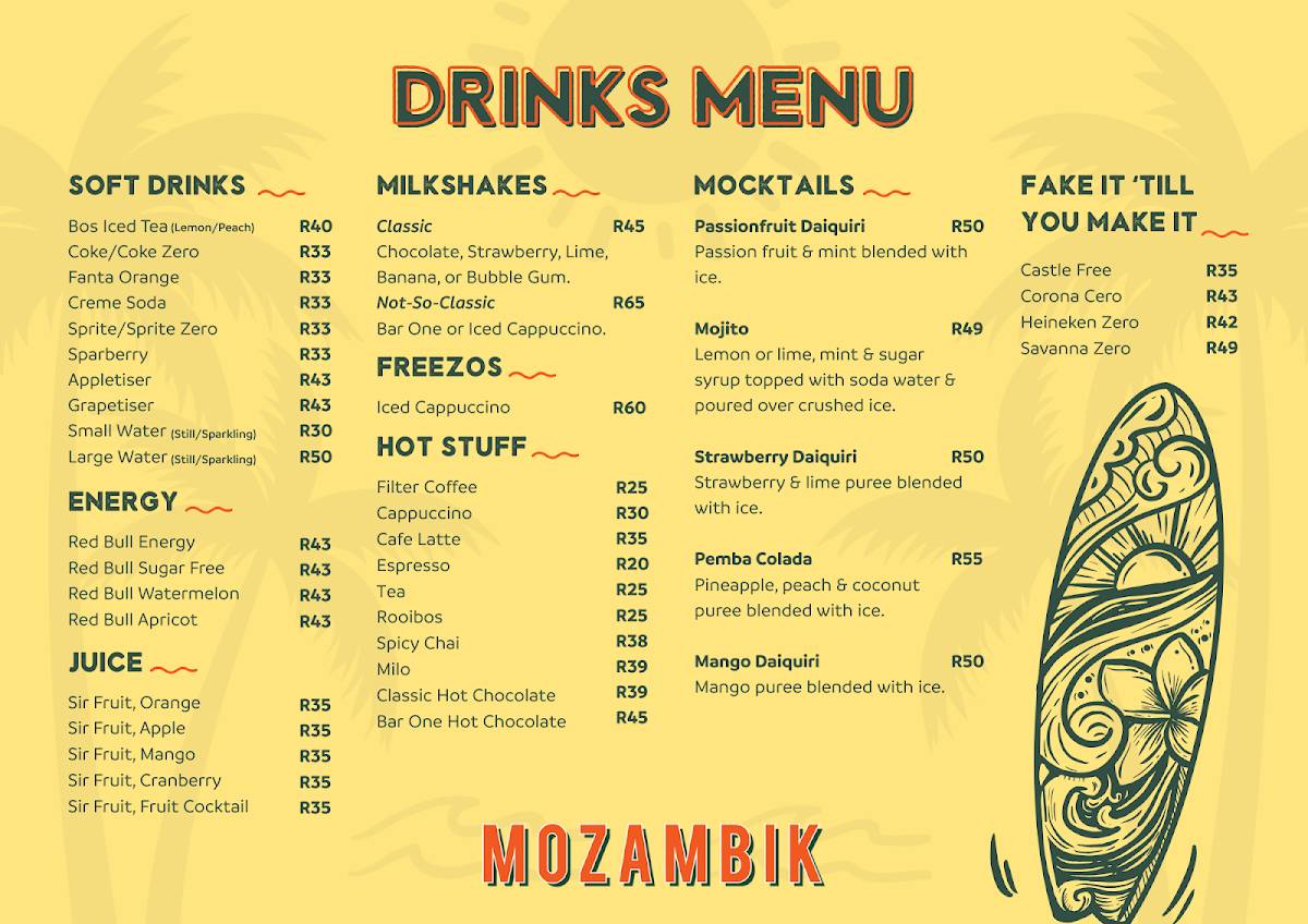 Menu at Mozambik Galleria restaurant, Amanzimtoti