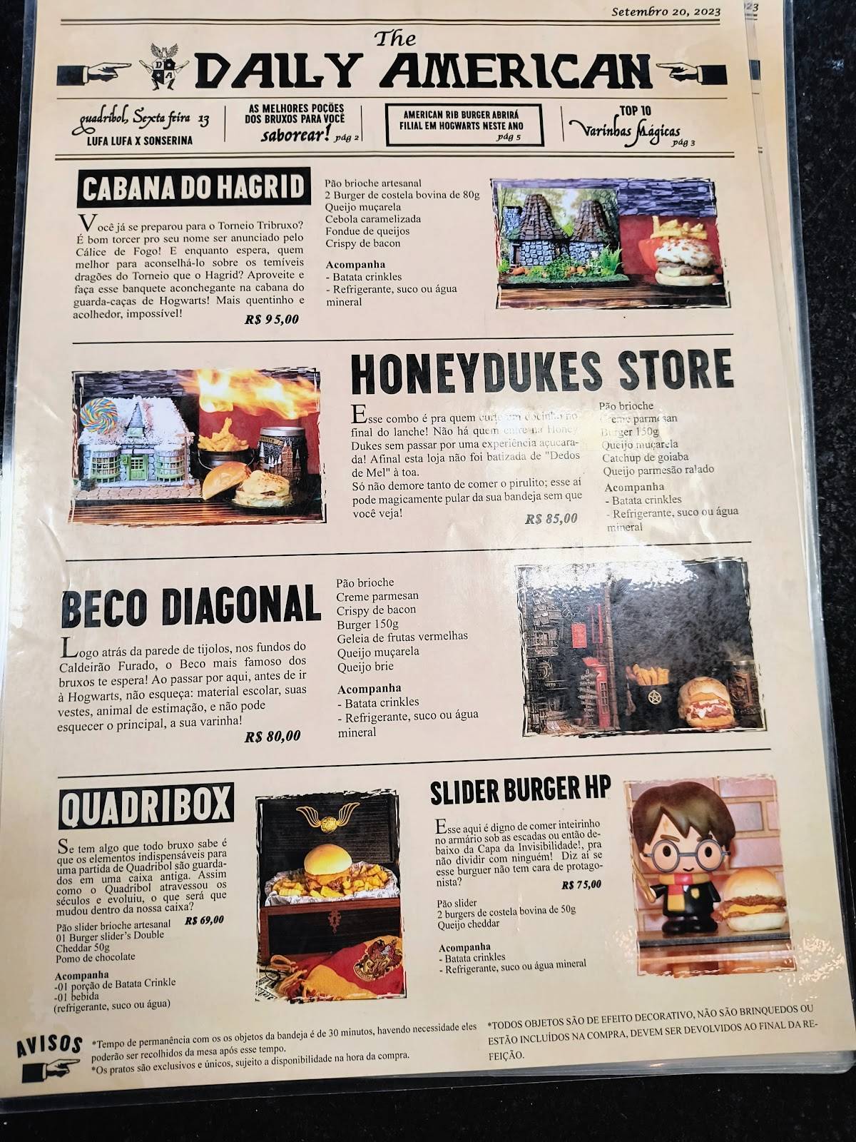 Menu at American Rib Burger restaurant, Salvador