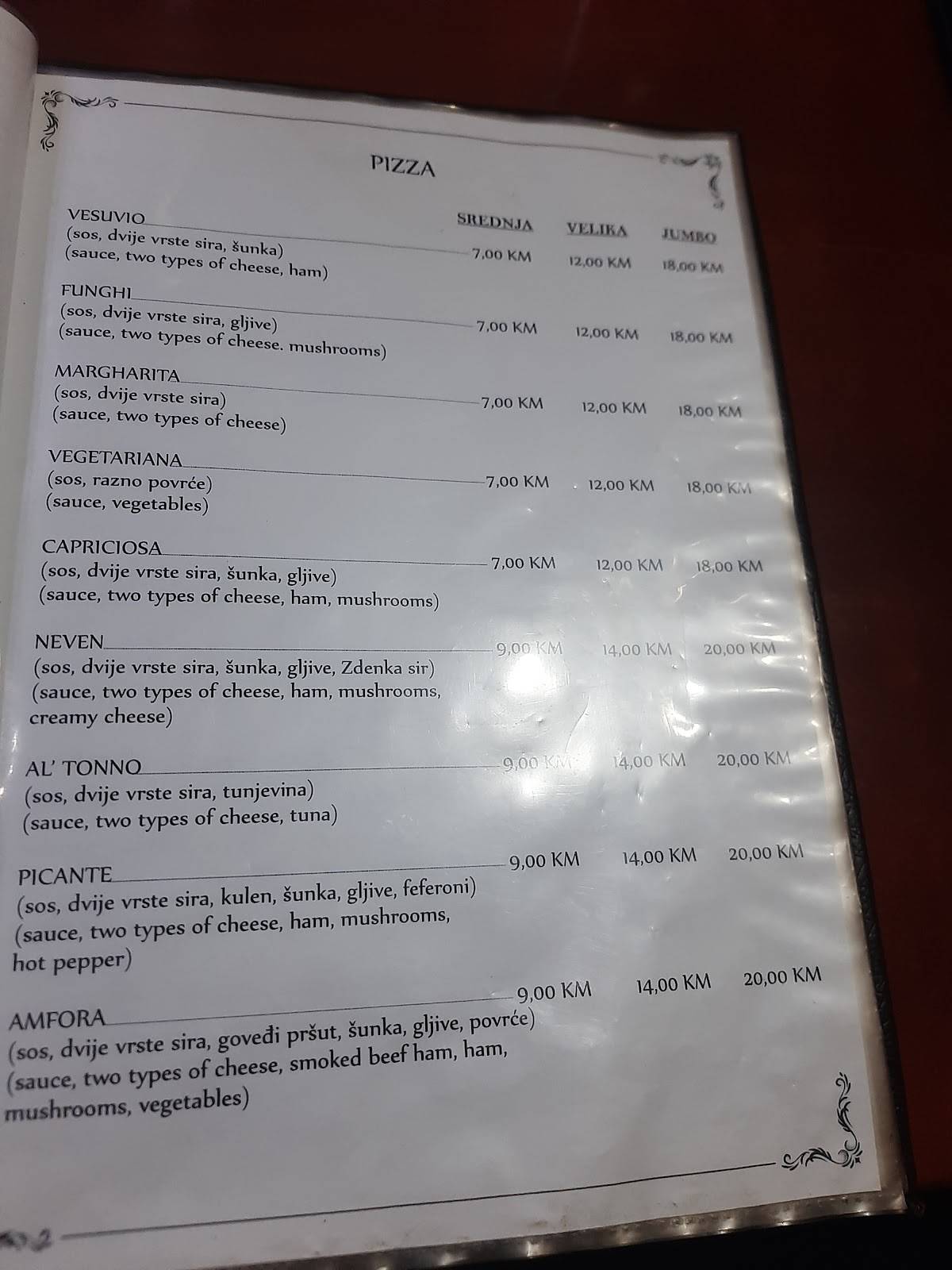 Menu au Amfora restaurant, Bihać