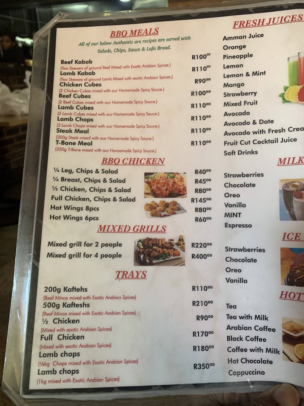 Menu at Amman Restaurant, Johannesburg