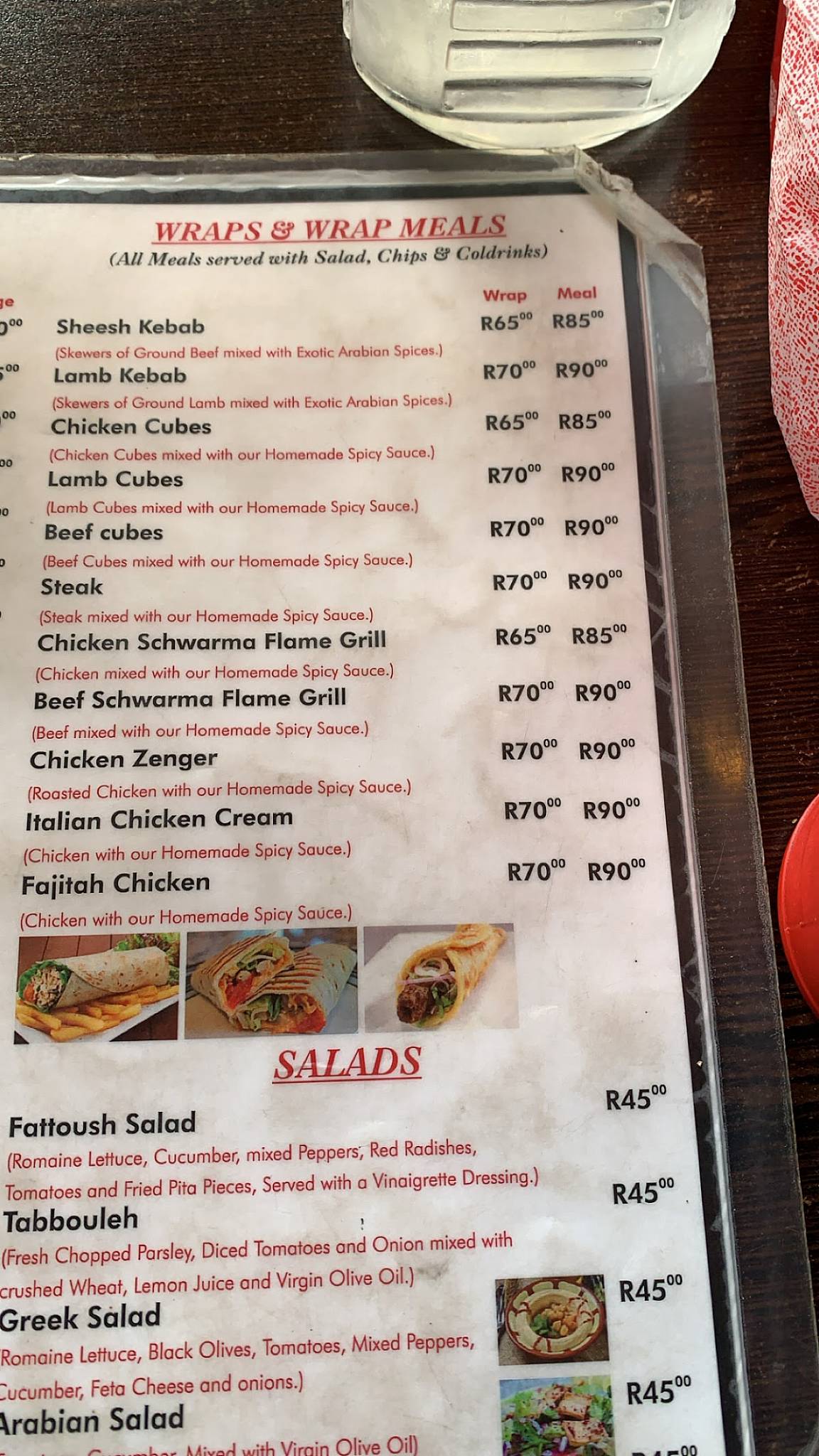 Menu at Amman Restaurant, Johannesburg