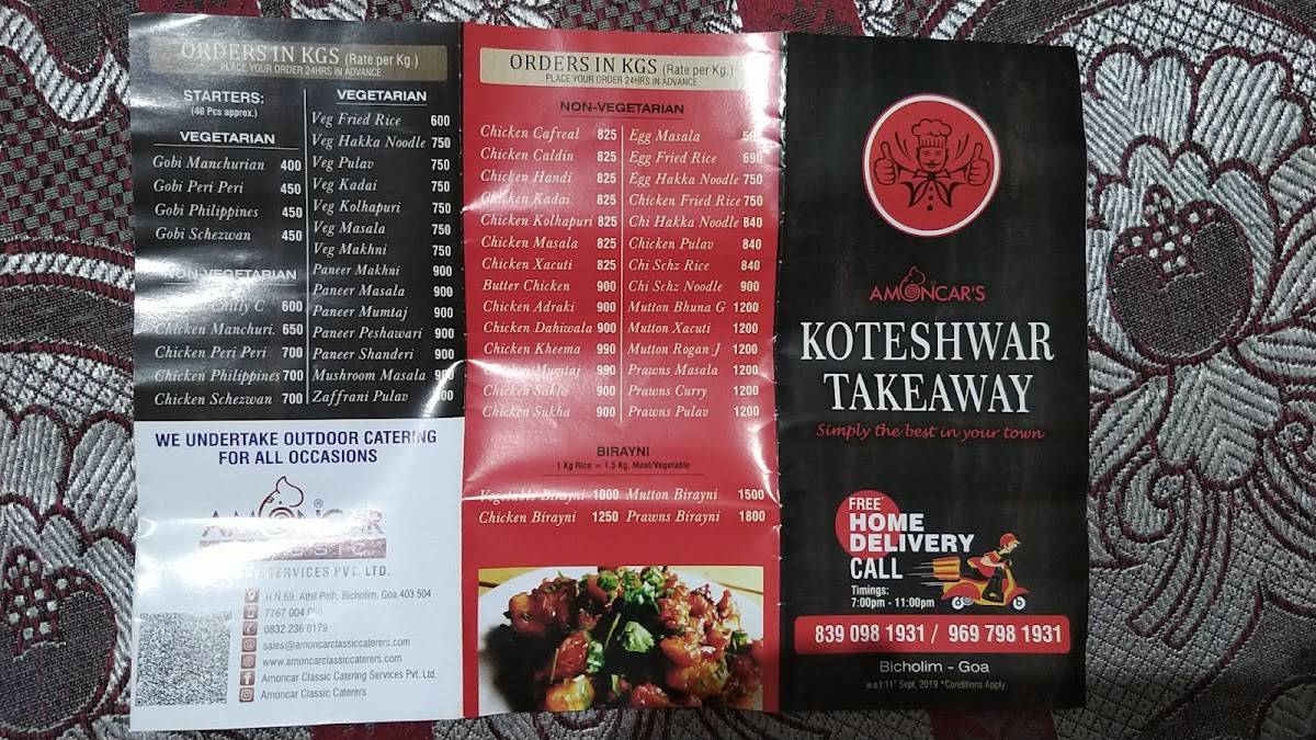 Menu at Amoncar's Koteshwar Takeaways, Bicholim