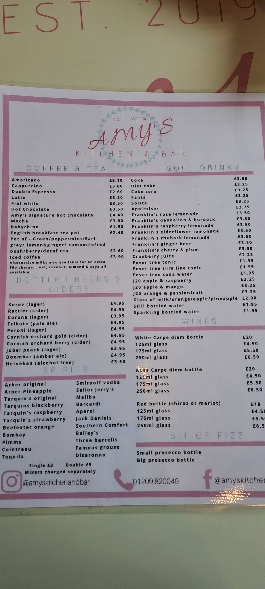 Menu at Amy's Kitchen and Bar, Redruth