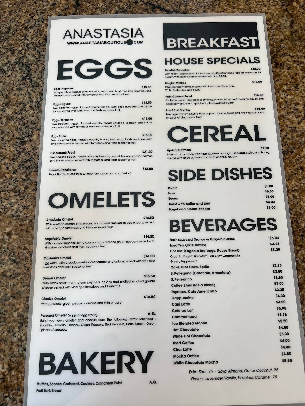 Menu at Anastasia Cafe, Laguna Beach