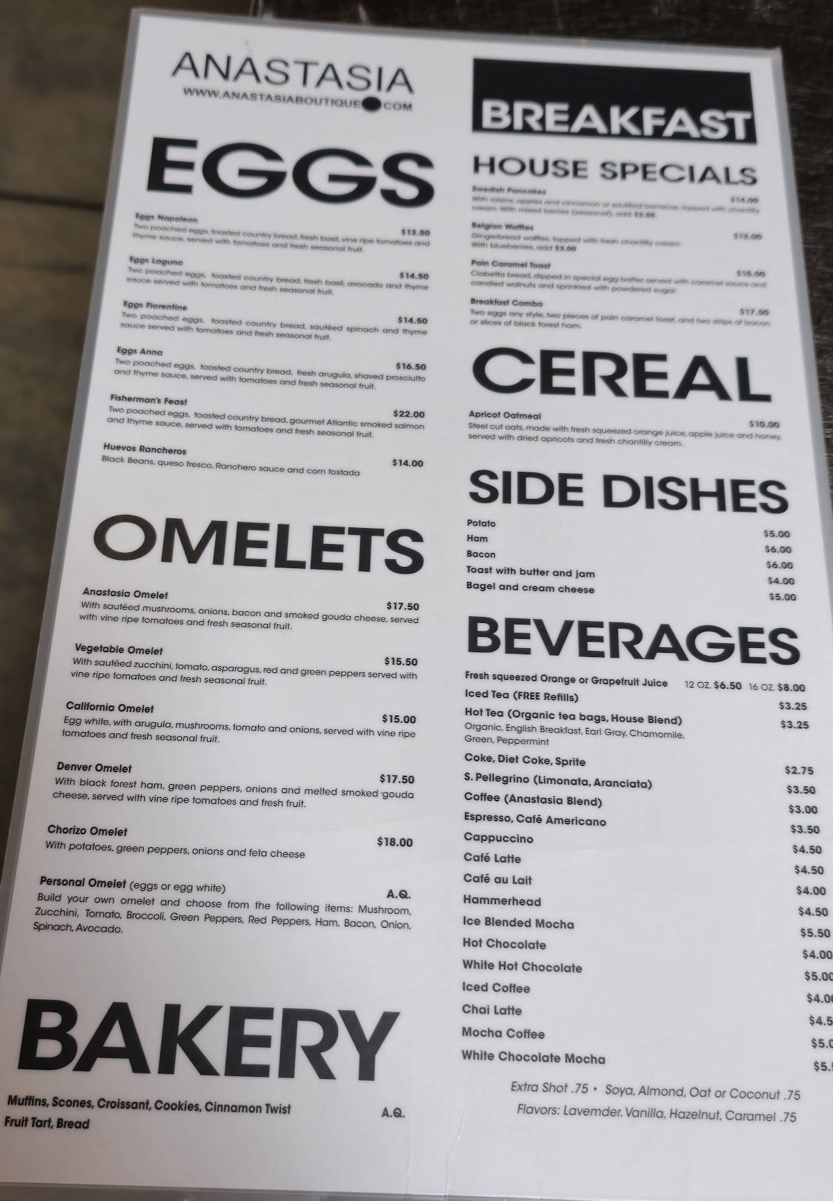 Menu at Anastasia Cafe, Laguna Beach