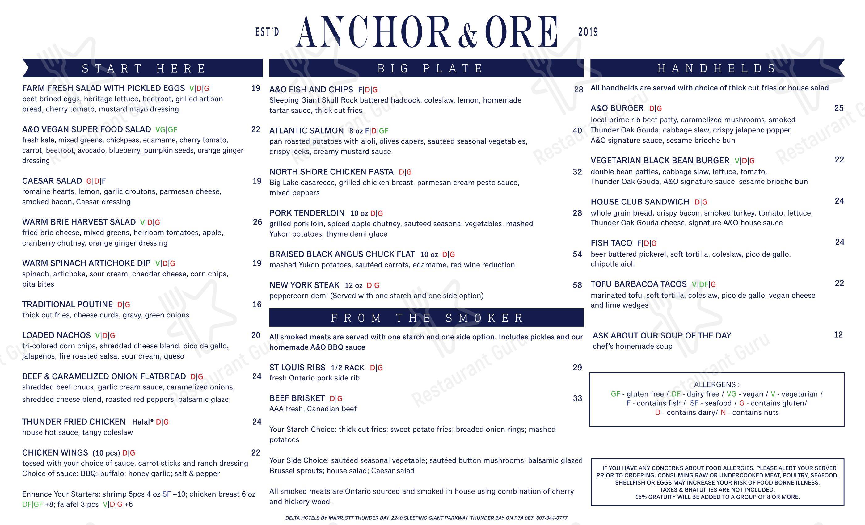 Menu at Anchor & Ore restaurant, Thunder Bay, Sleeping Giant Pkwy