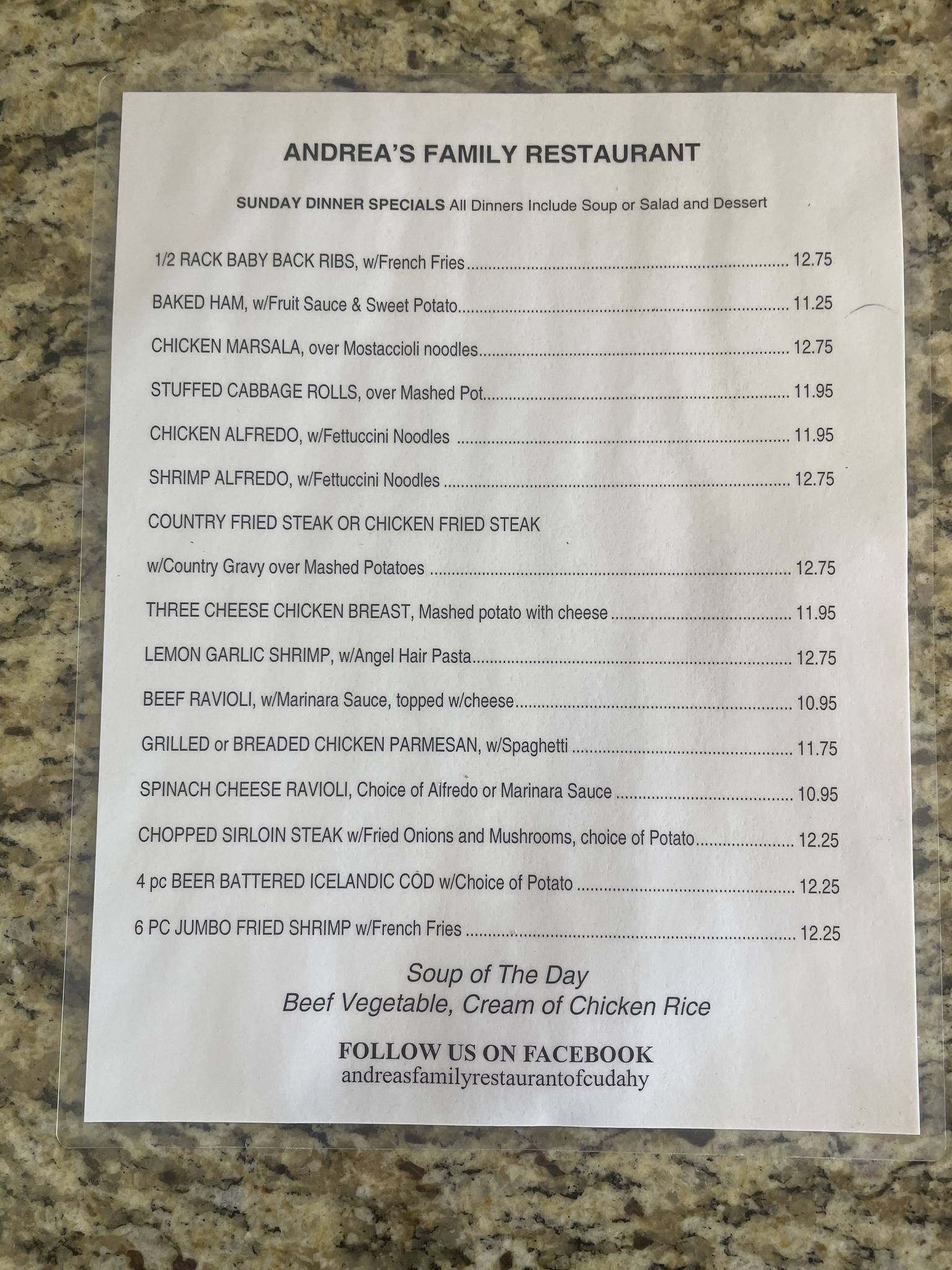 Menu at Andrea’s Family Restaurant, Cudahy