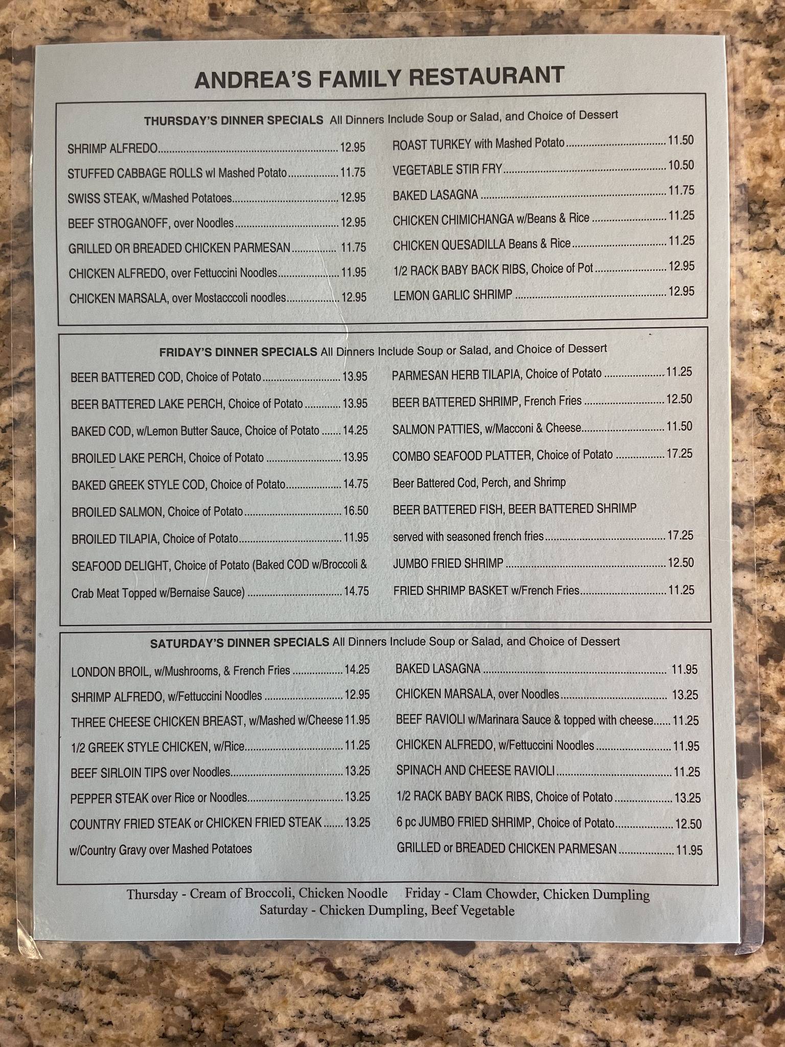 Menu at Andrea’s Family Restaurant, Cudahy