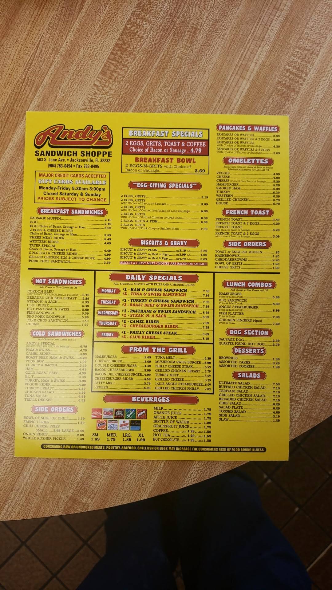 Menu at Andy's Sandwich Shoppe fast food, Jacksonville, 503 Lane Ave S
