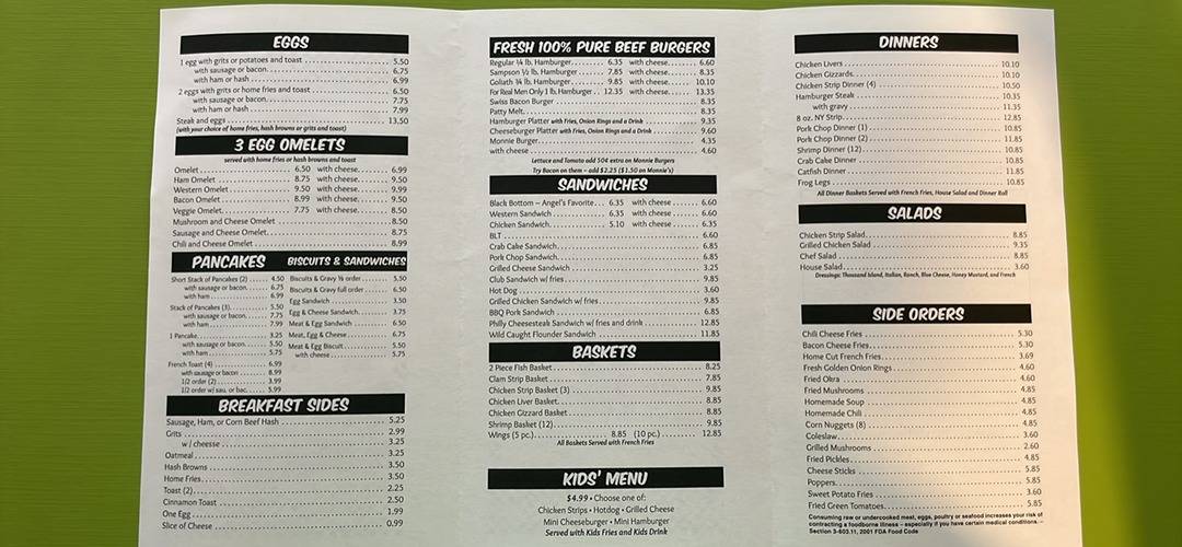 Menu at Angel's Dining Car restaurant, Palatka