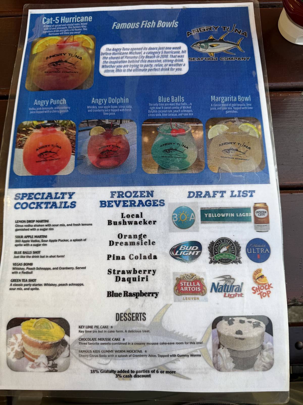 Menu at Angry Tuna Seafood Company restaurant, Panama City Beach