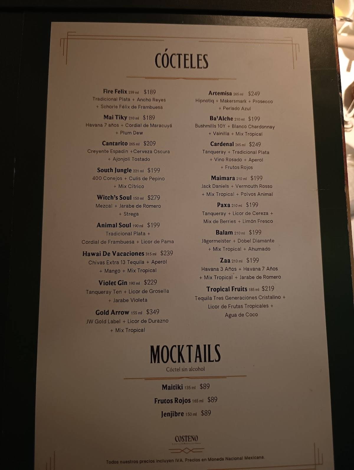 Menu at Animal St. Regis restaurant, Mexico City