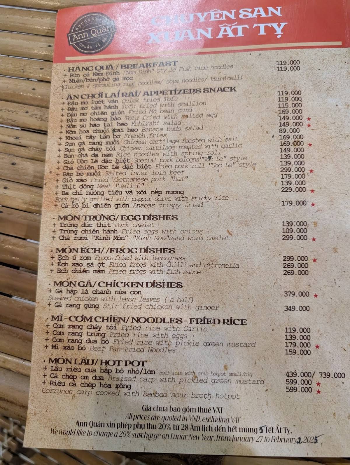 Menu at Ann Quán restaurant, Ho Chi Minh City, 66 Ngô Đức Kế