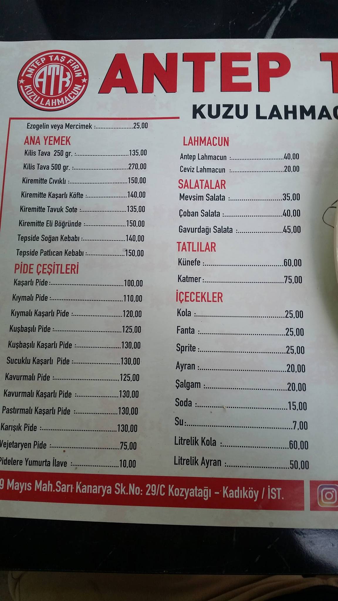 Carta de Antep Taş Fırın Kuzu Lahmacun & Pide, Estambul