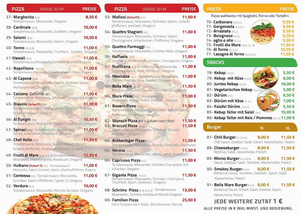 Menu at Bella Mare restaurant, Anthering