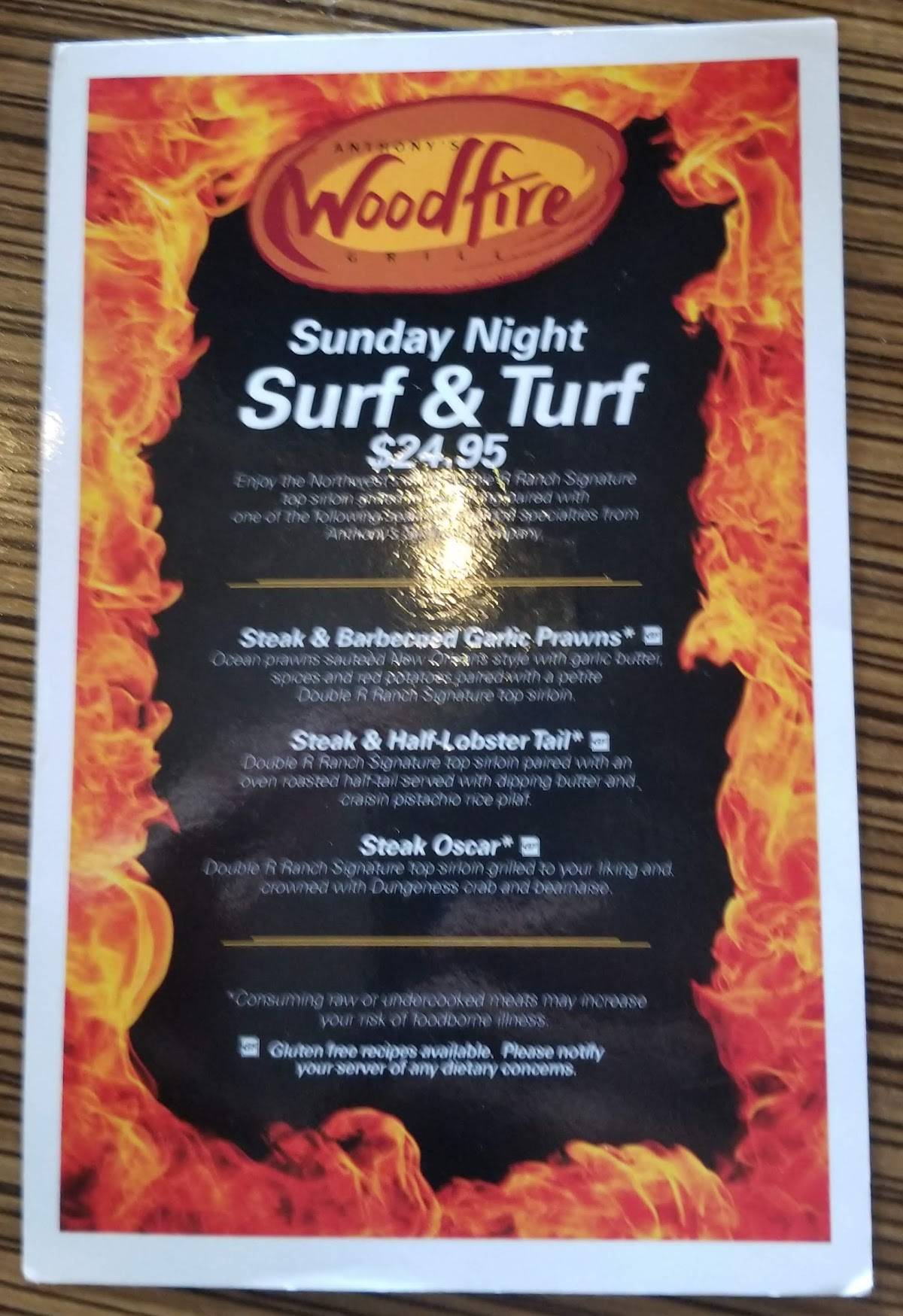Menu at Anthony's Woodfire Grill restaurant, Everett