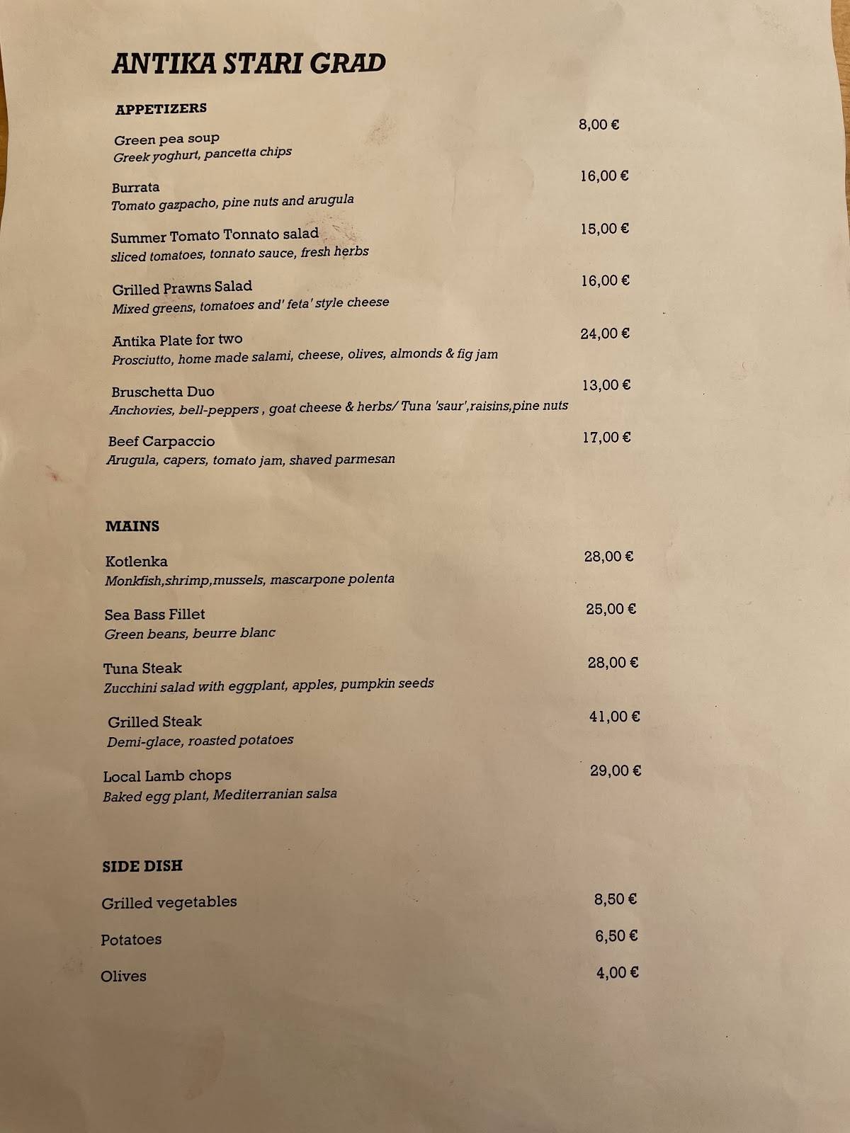 Menu at Antika restaurant, Stari Grad